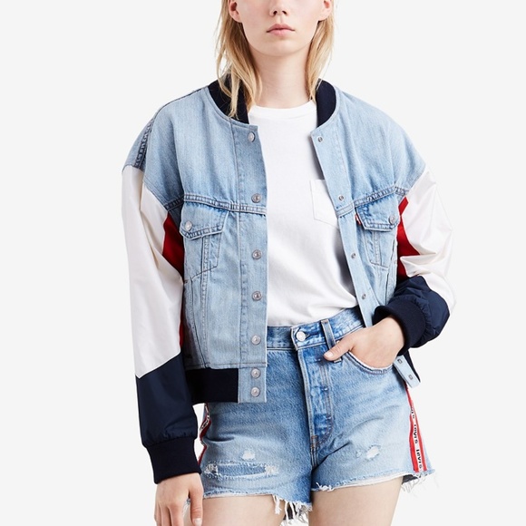 Levi's | Jackets & Coats | Levis Denim Bomber Jacket Red Blue Nylon ...